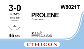 Пролен (Prolene) 3/0, длина 45см, реж. игла 26мм Prime, 3/8 окр. (W8021T). Пролен (Prolene ...