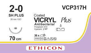 Викрил Плюс (Vicryl Plus) 2/0, длина 70см, кол. игла 26мм, 1/2 окр ...